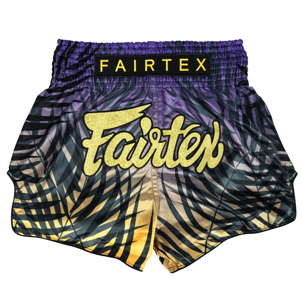 FAIRTEX THAI SHORTS SLIM CUT SATIN DAWN PURPLE/YELLOW – MSM FIGHT SHOP