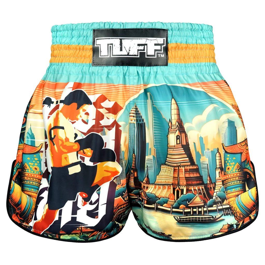 TUFF MUAY THAI SHORTS HIGH CUT RETRO LEGACY OF THAILAND BLUE/YELLOW ...