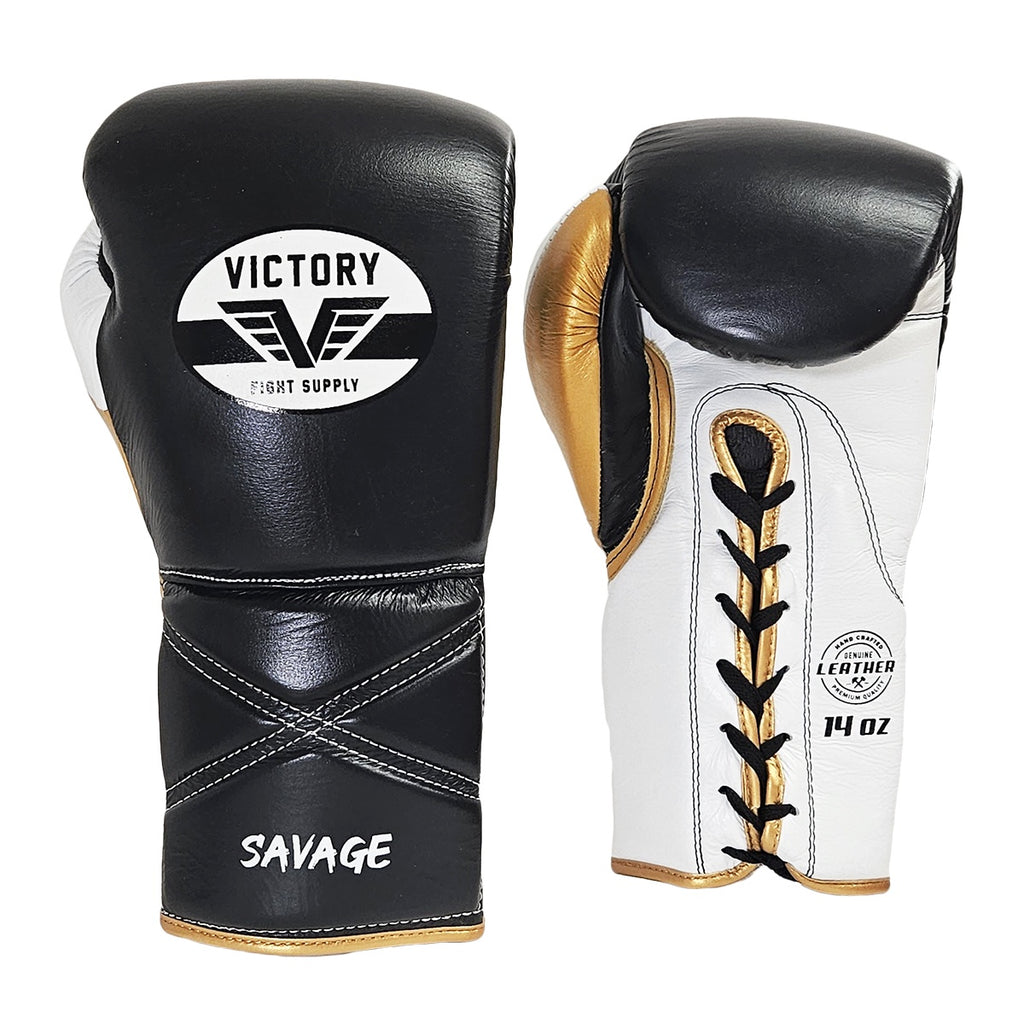 VICTORY GLOVES SAVAGE V2 LEATHER LACE UP BLACK/WHITE/GOLD – MSM FIGHT SHOP