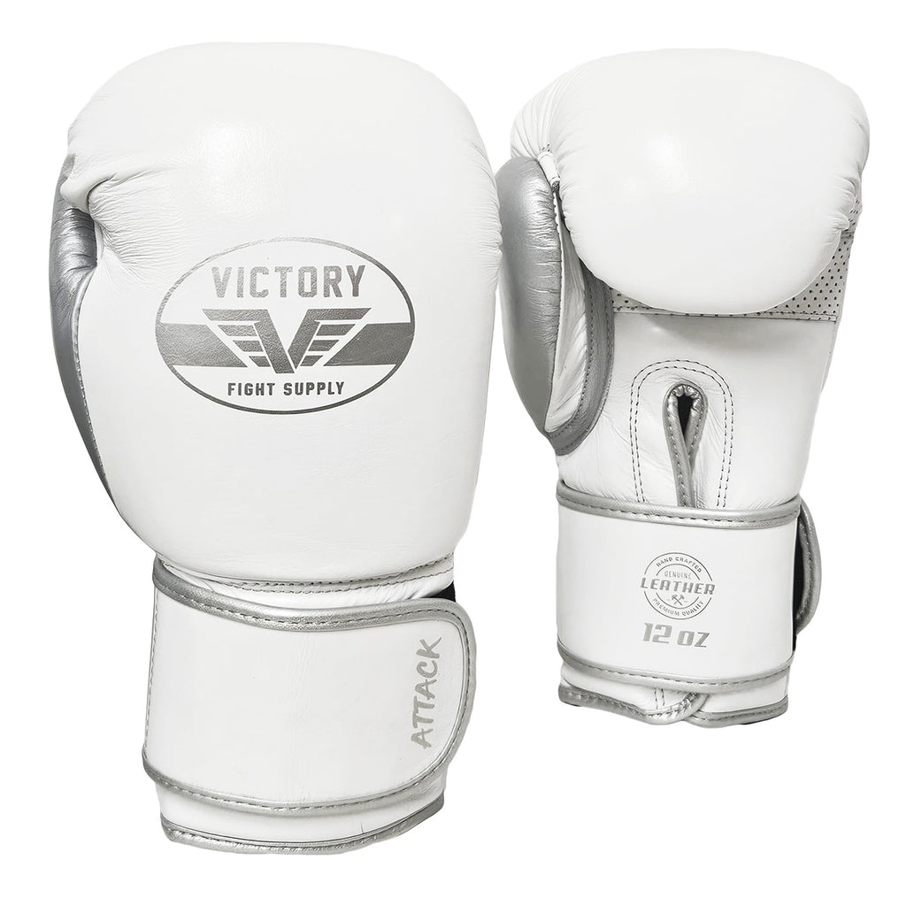 VICTORY GLOVES ATTACK LEATHER HOOK & LOOP WHITE/SILVER – MSM FIGHT SHOP