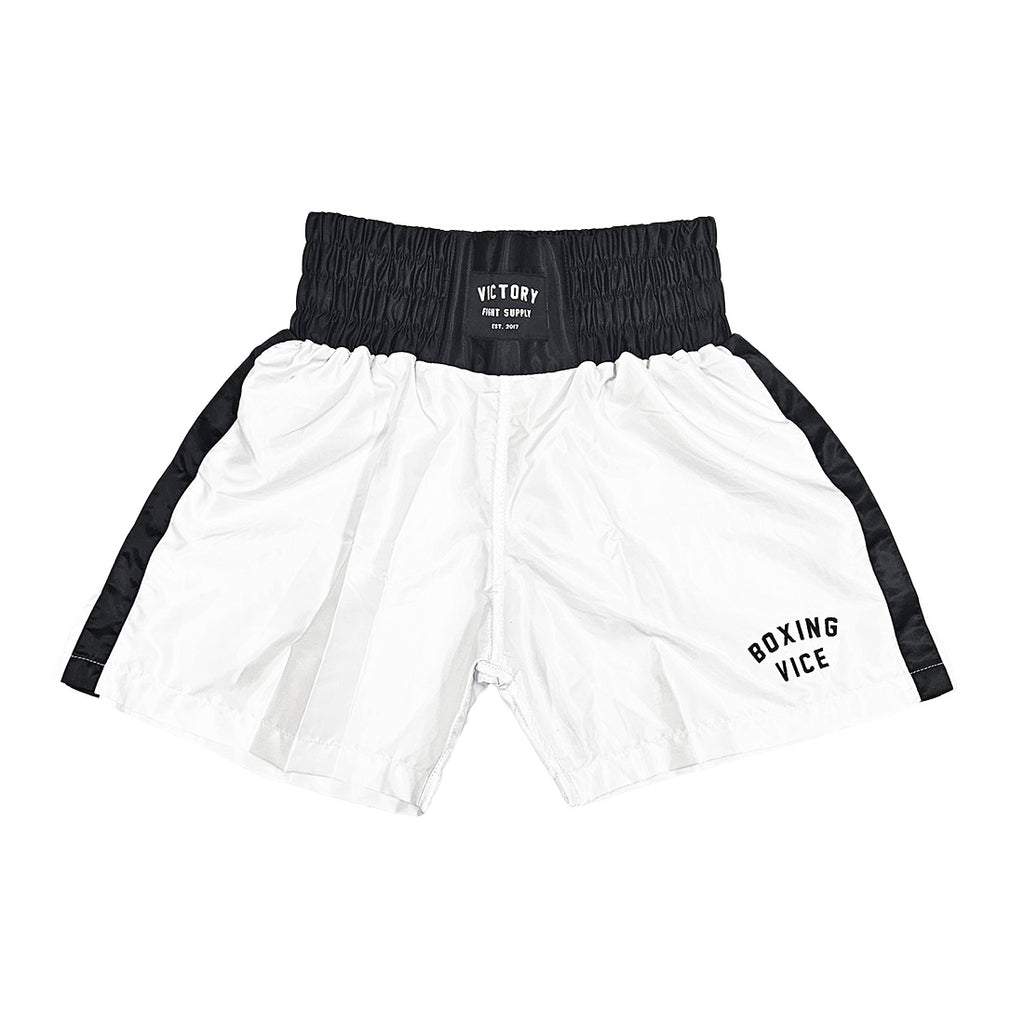 VICTORY BOXING SHORTS VICE SERIES SHORTER HYBRID CUT WHITE/BLACK – MSM ...
