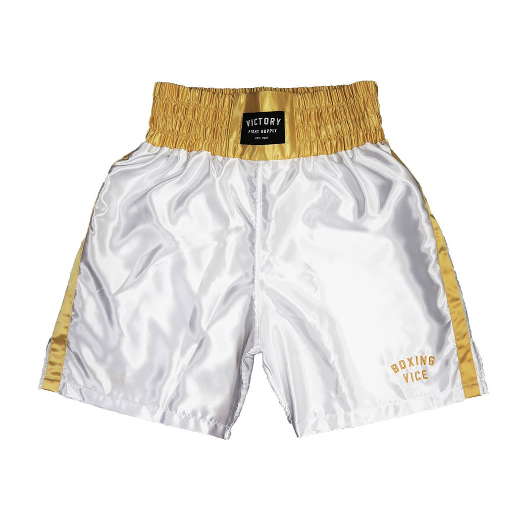 VICTORY BOXING SHORTS VICE SERIES SHORTER HYBRID CUT WHITE/GOLD – MSM ...