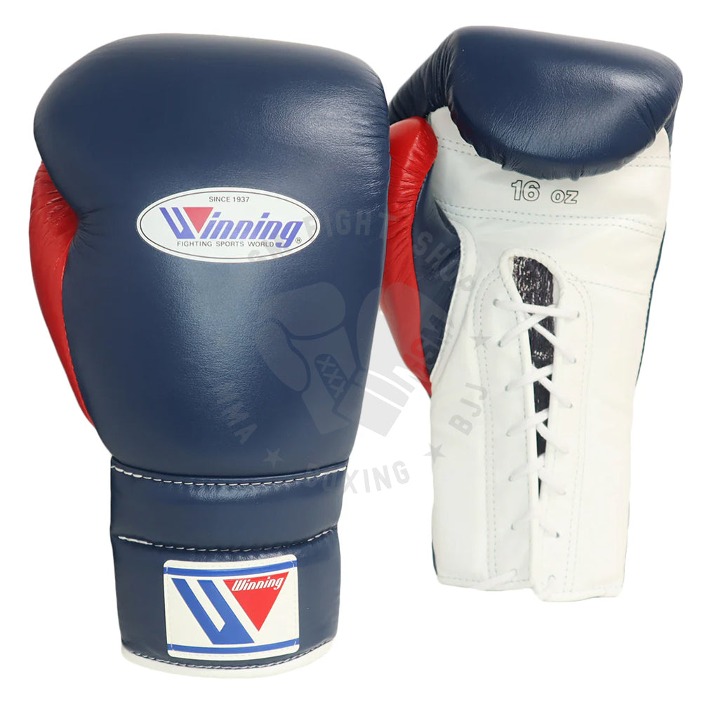 WINNING GLOVES CUSTOM LACE NAVY /WHT/ RED 16OZ – MSM FIGHT SHOP
