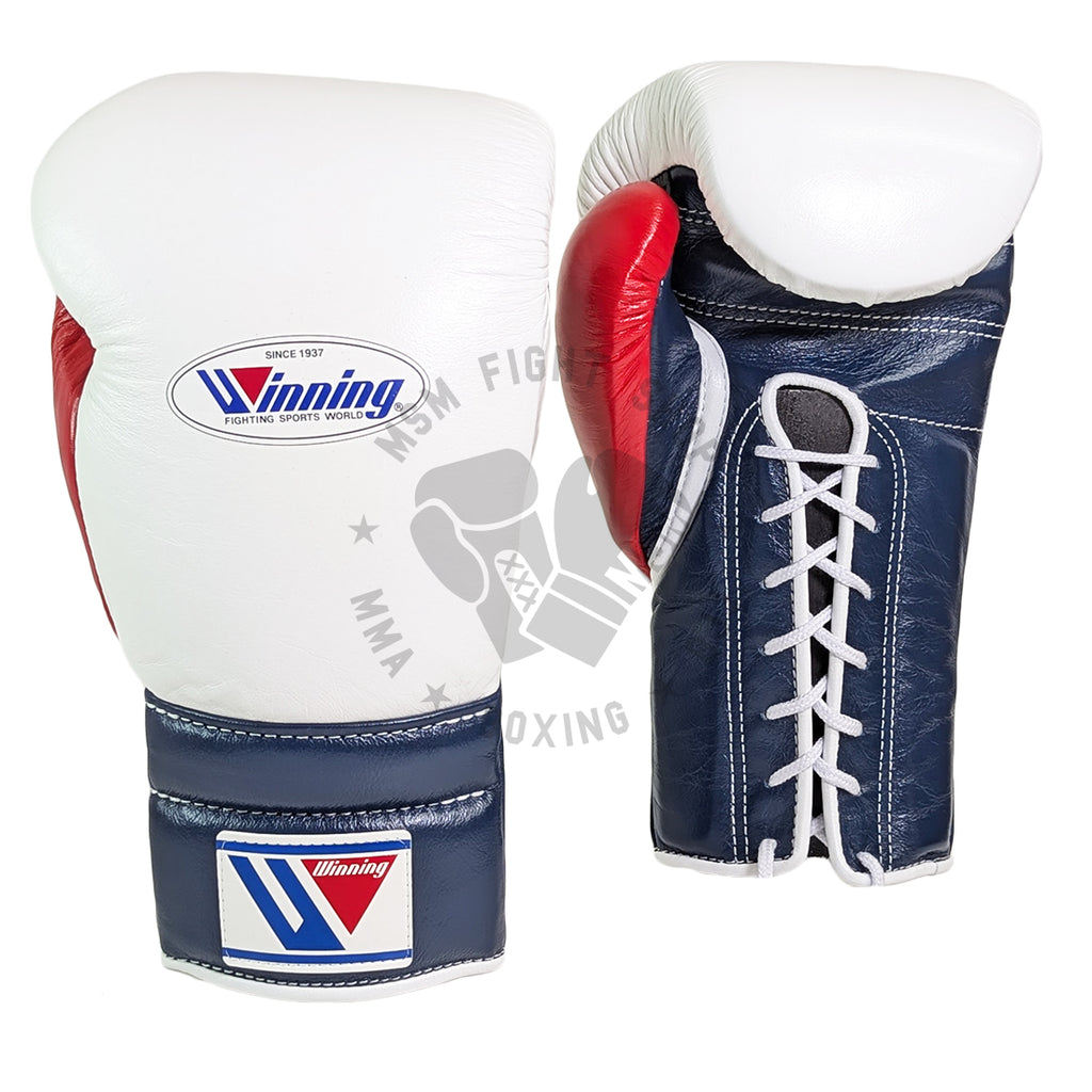 WINNING GLOVES CUSTOM LACE 16OZ WHITE/NAVY/RED – MSM FIGHT SHOP