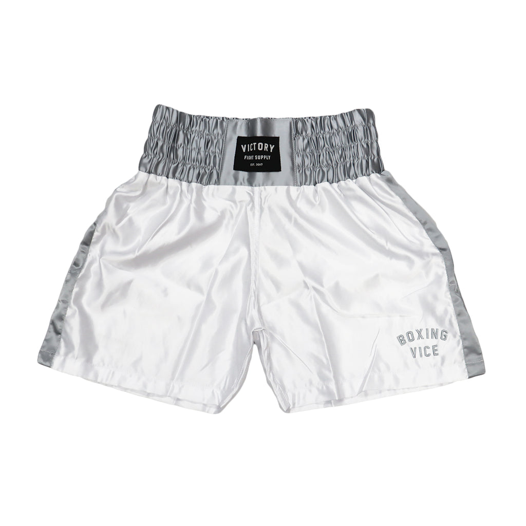 VICTORY BOXING SHORTS VICE SERIES SHORTER HYBRID CUT WHITE/SILVER – MSM ...