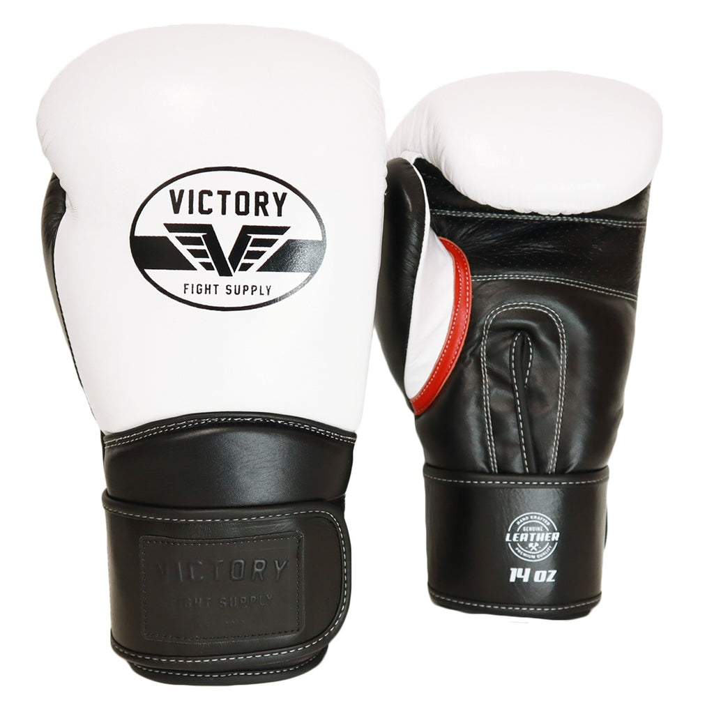 VICTORY GLOVES CLASSIC LEATHER HOOK & LOOP WHITE/BLACK – MSM FIGHT SHOP